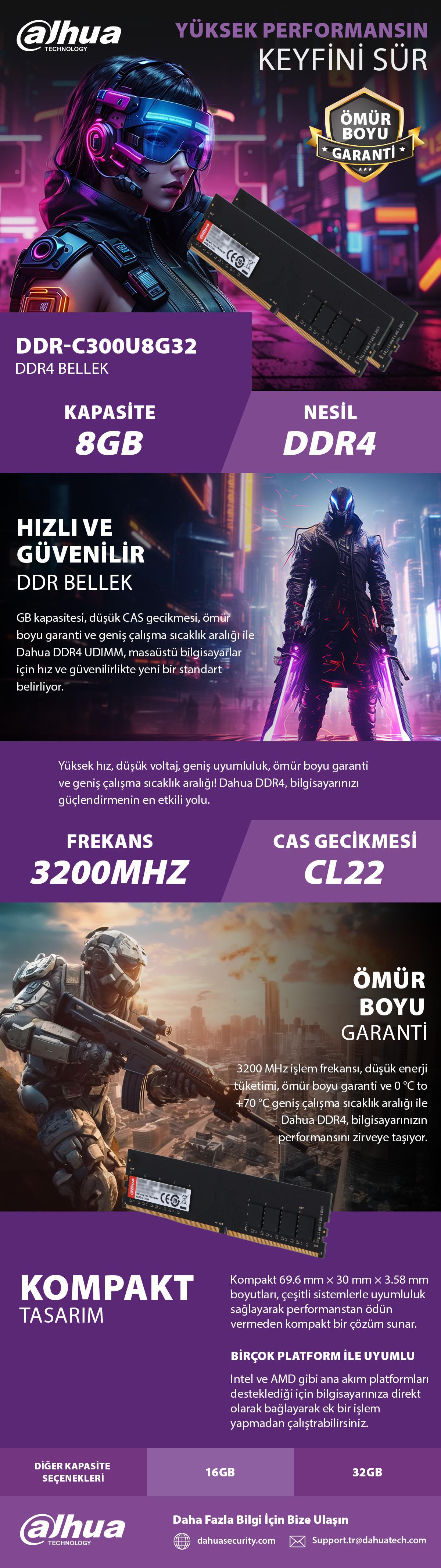 DAHUA C300U8G32 8Gb DDR4 3200Mhz, 1.2V, DDR4, CL22,Desktop RAM - idefix