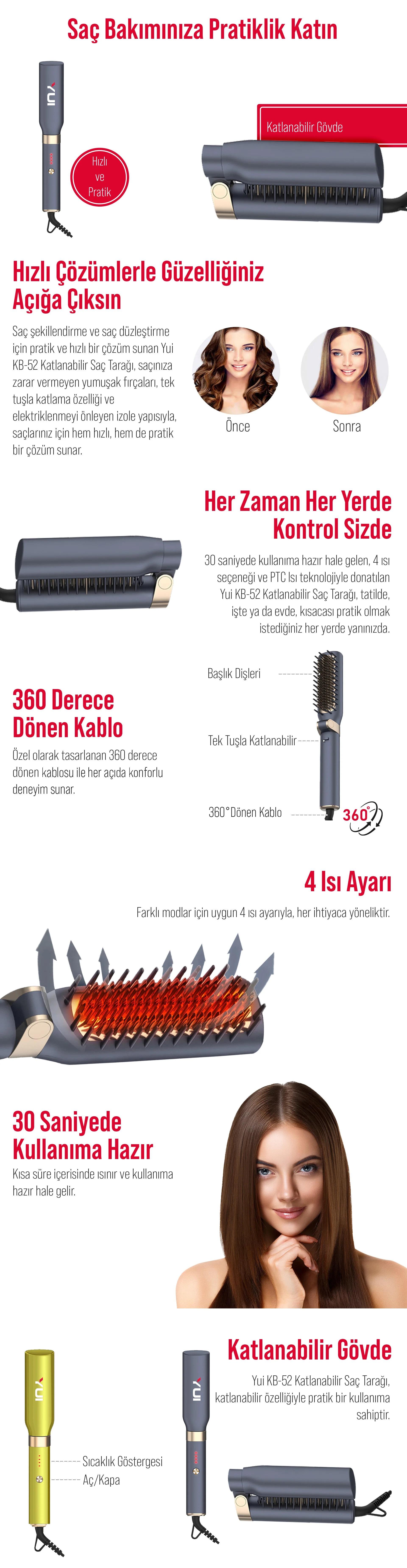 Yui Yuı Kb52 Katlanabilir Elektrikli Saç Düzleştirici Tarak - idefix